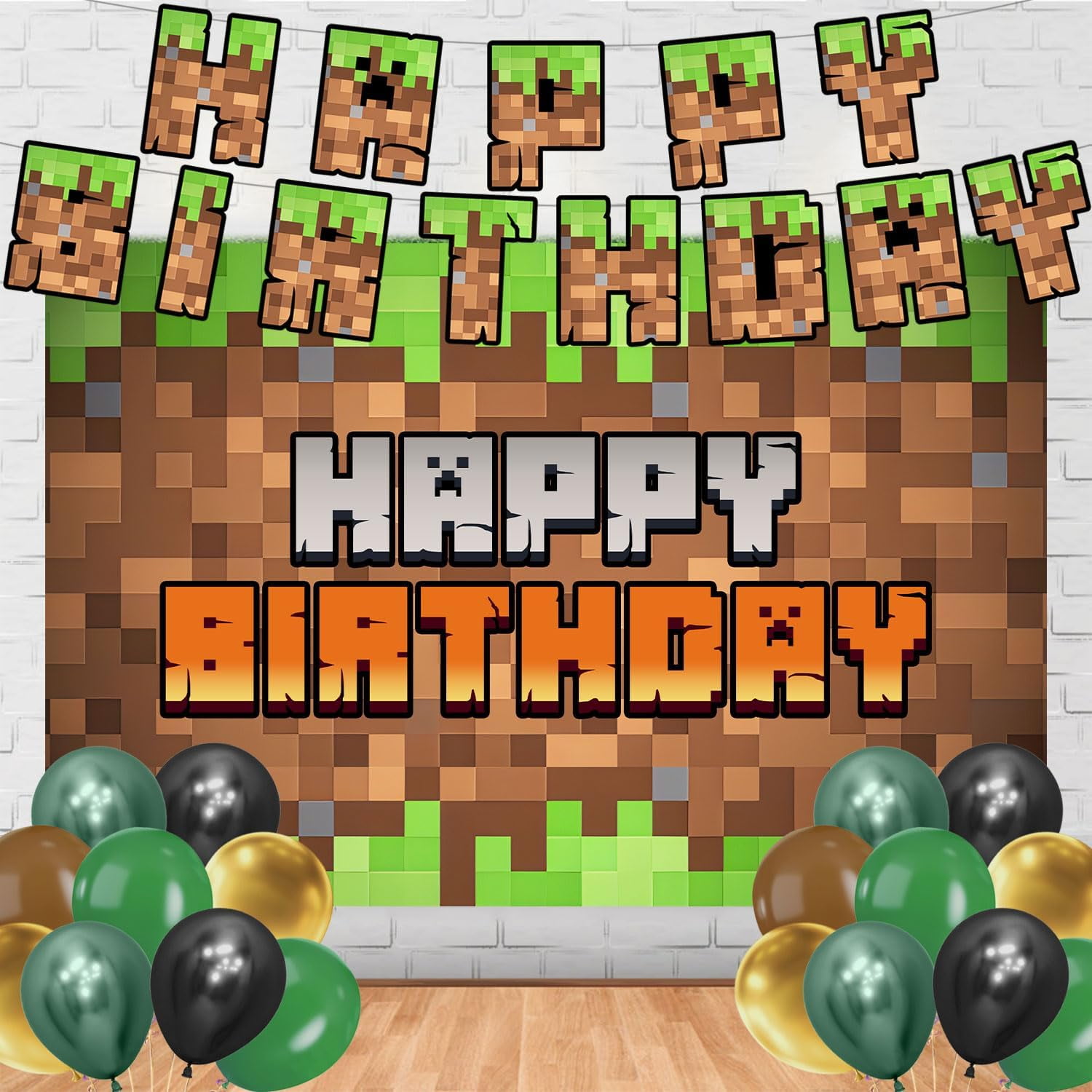 Green Pixel Themed Birthday Party Decorations Set,Pixel Game Birthday ...