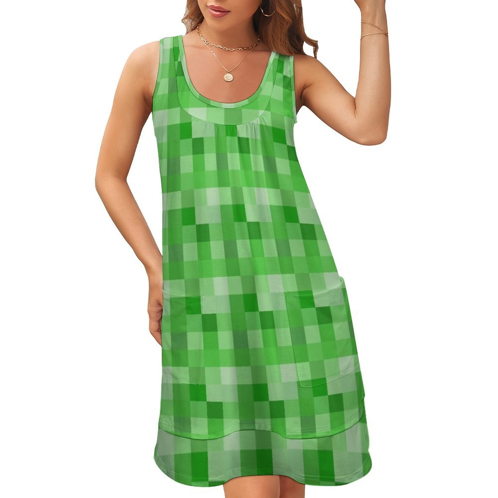 Green Pixels Sleeveless U-Neck Fake Two Piece Dress party dresses women ...