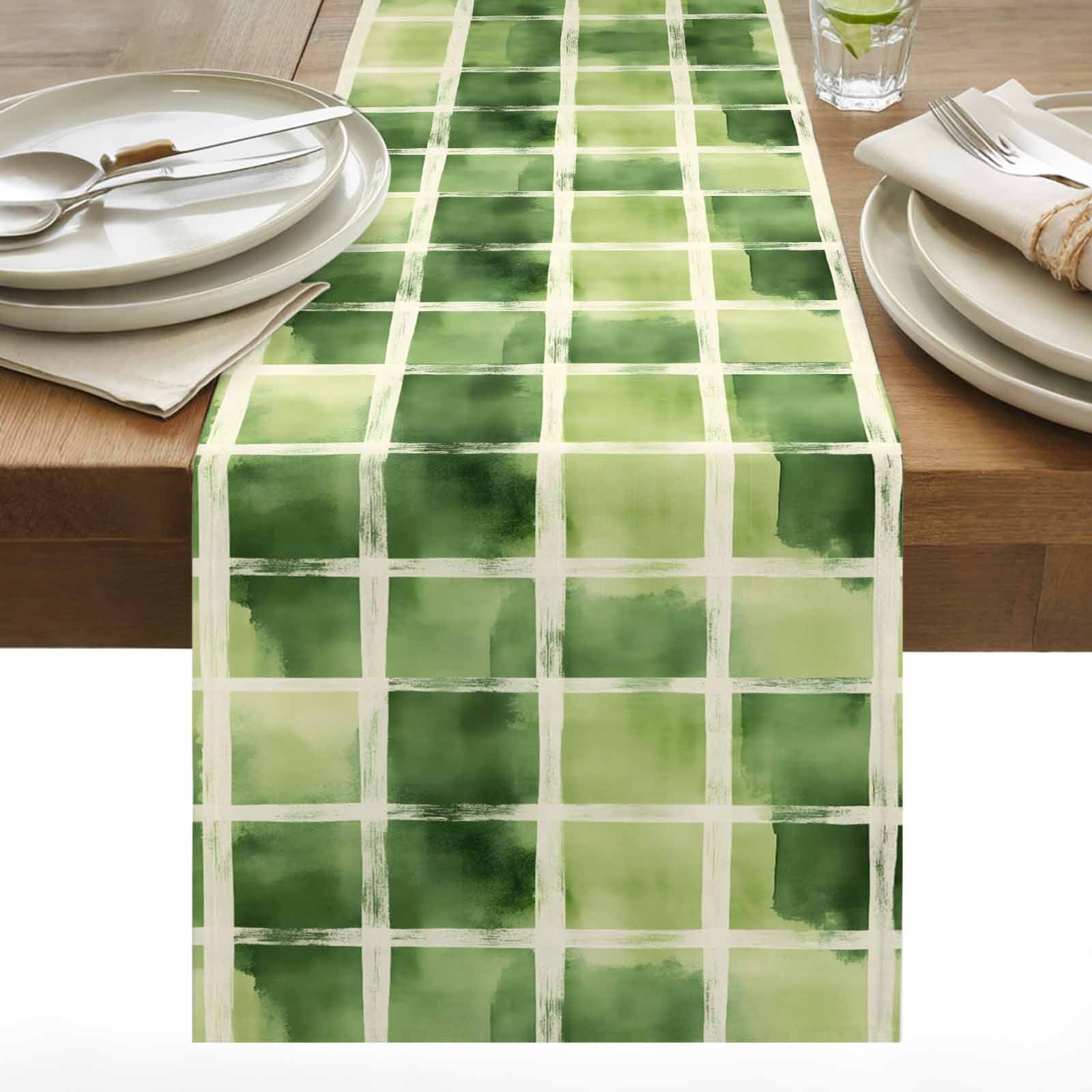 Green Plaid Cotton Linen Table Runner Green Watercolor Grid Dining ...