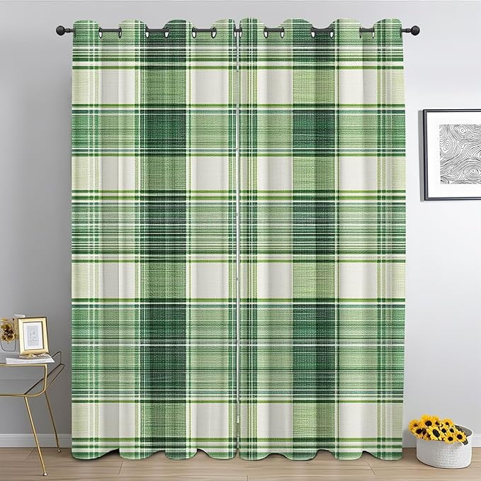 Green Plaid Curtains For Living Room - Check Blackout Curtains 2 Panel ...