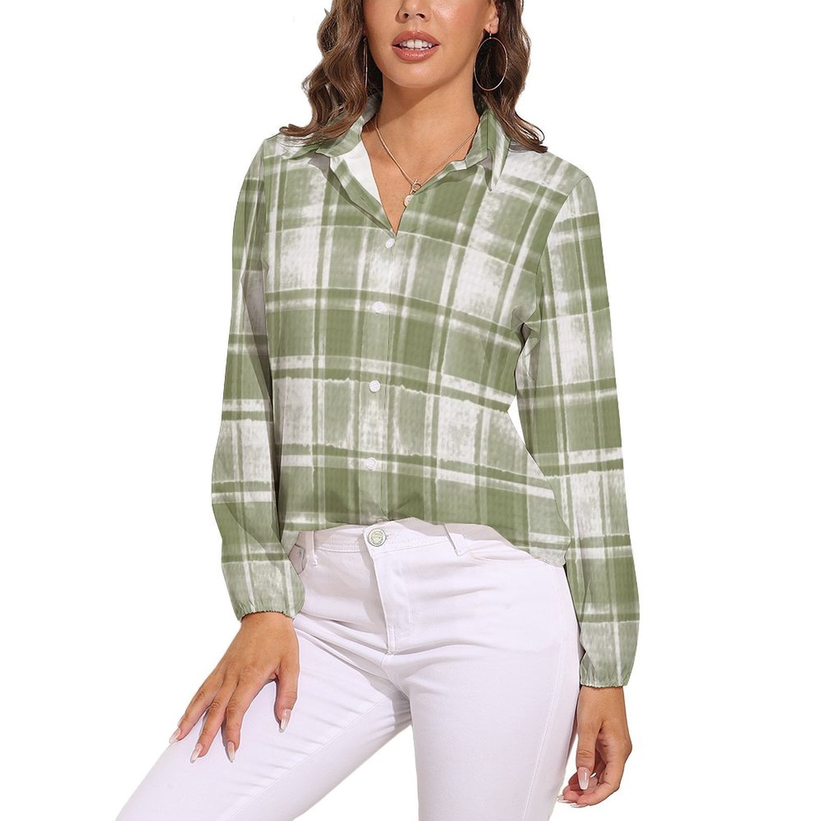 Green Plaid Fabric Texture Vntage Casual Long Sleeve Shirt Blouse Woman ...