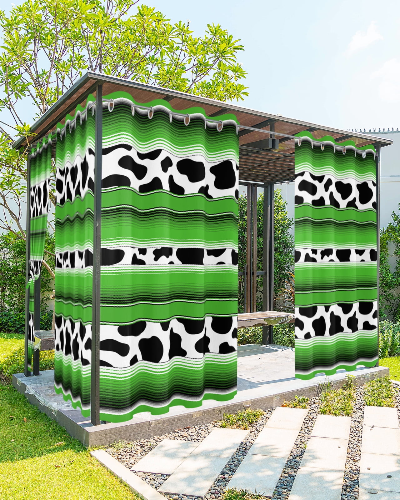 Green Plaid Leopard Print Outdoor Curtains for Patio, Black White ...
