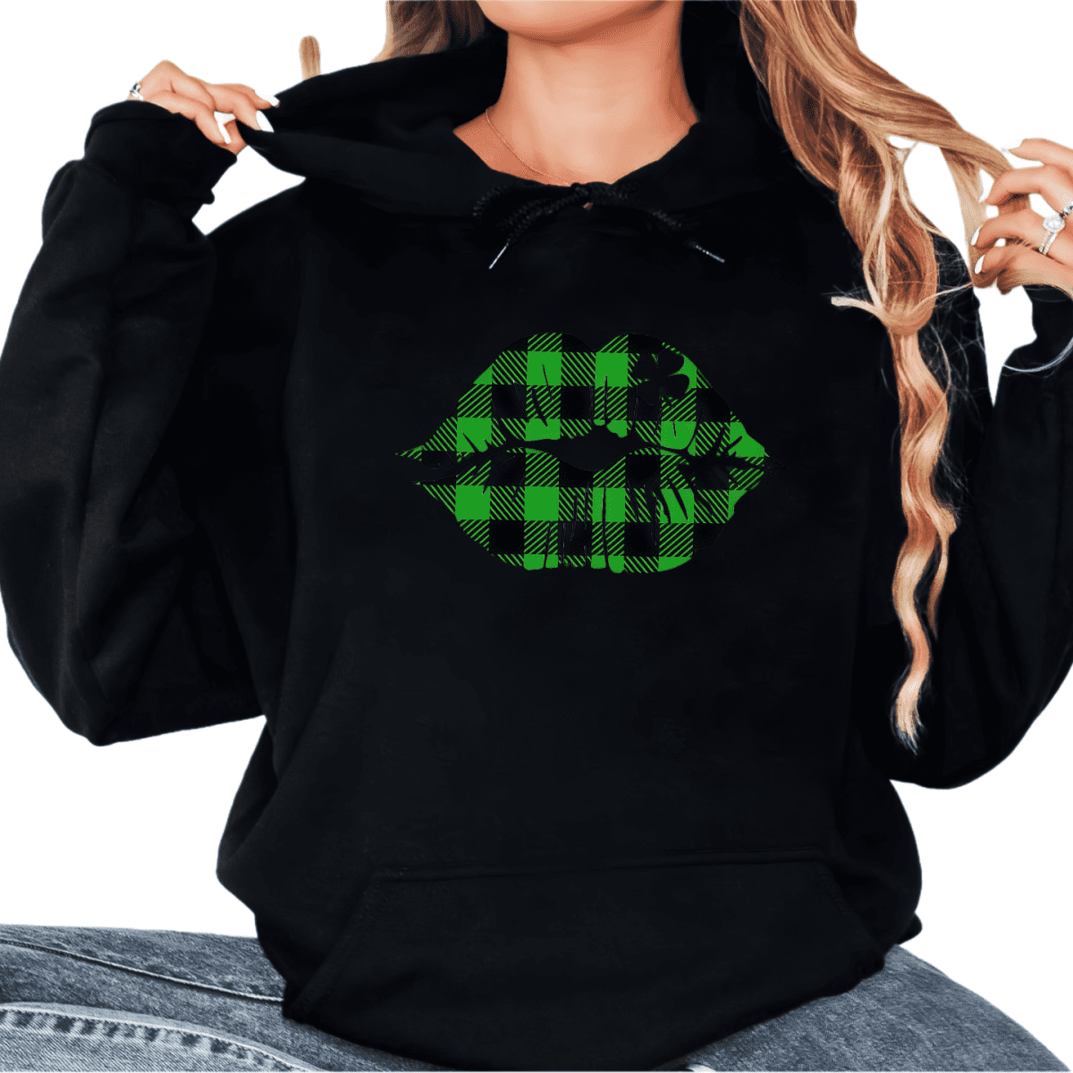 Green Plaid Lip Clover Decor St Patrick’s Print Black Hoodie S-2XL ...