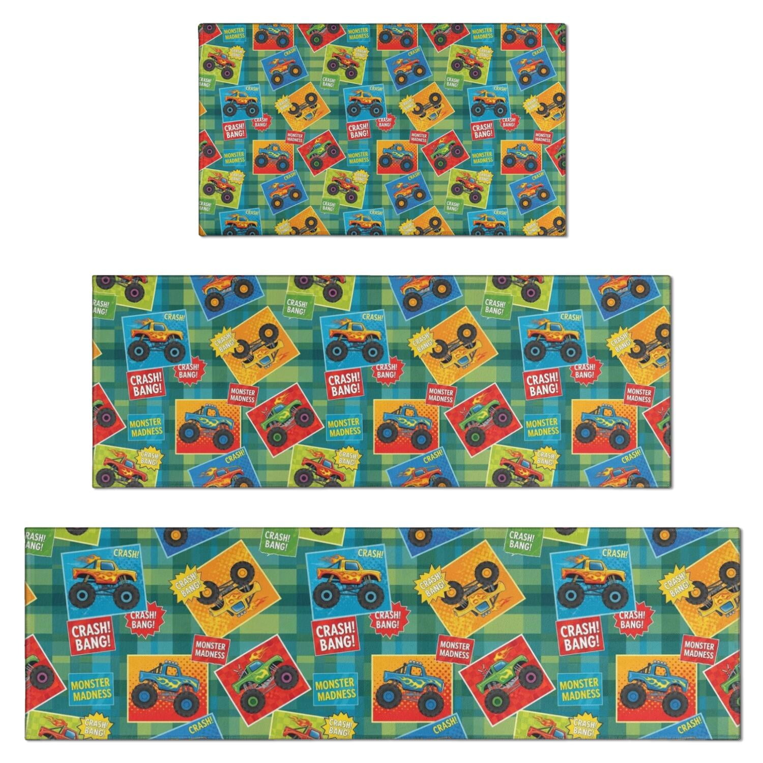 Green Plaid Monster Cartoon Trucks Pattern Kitchen Rugs Sets Of 3 ...