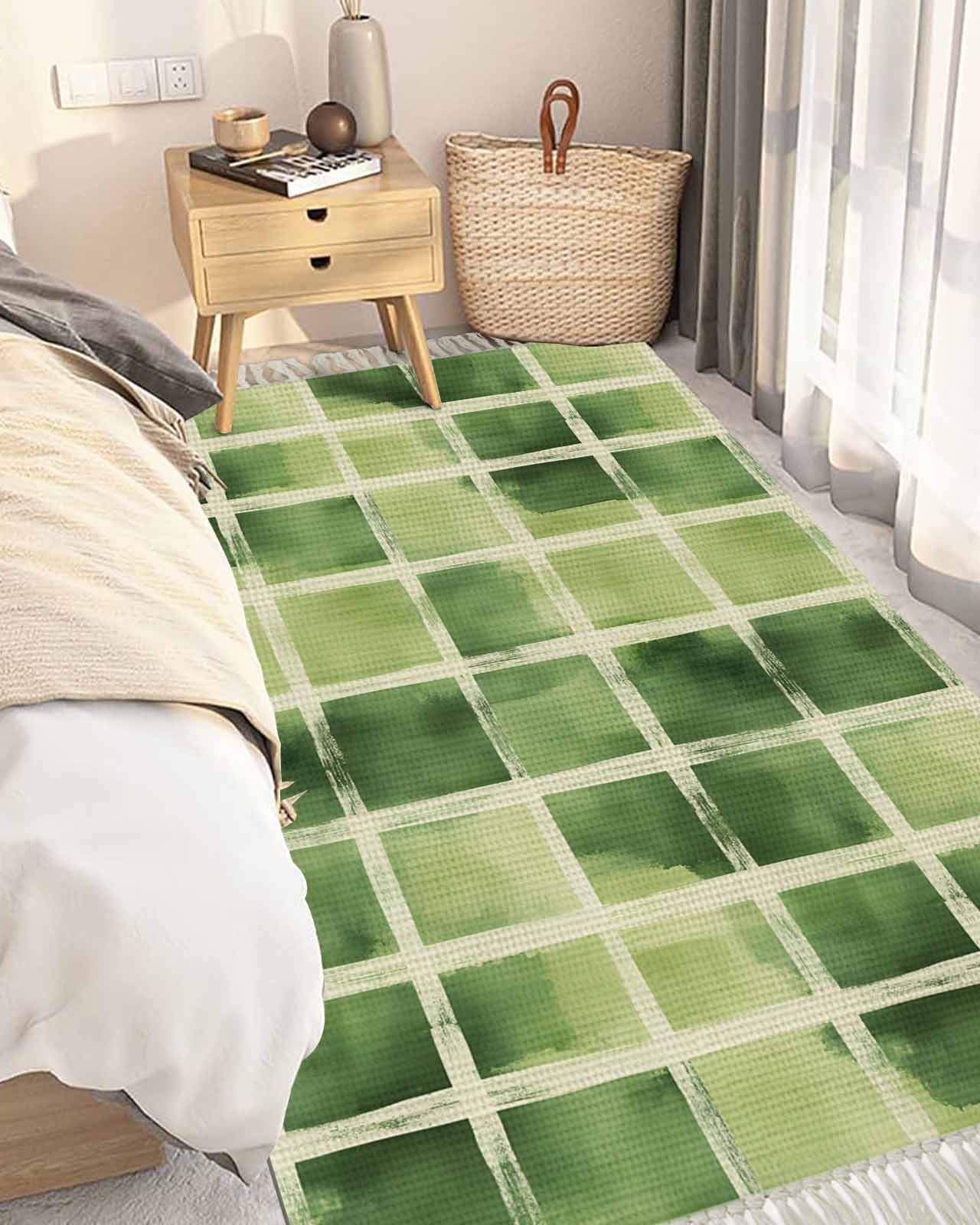 Green Plaid Runner Rug for Hallway 4x6ft, Green Watercolor Grid ...