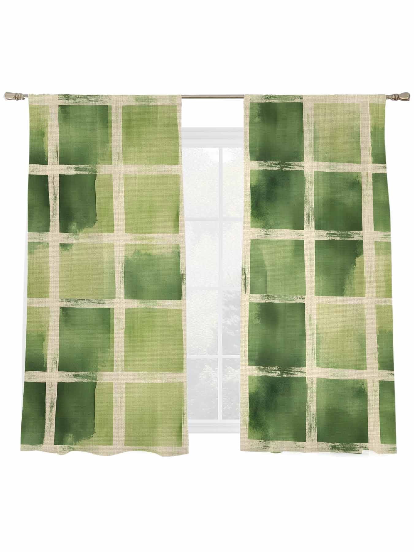 Green Plaid Sheer Curtains 2 Panels Set Green Watercolor Grid Sheer ...