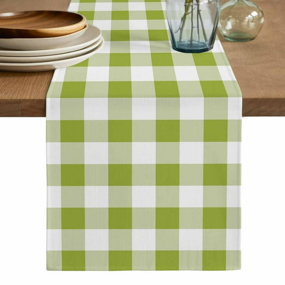Green Plaid Table Runner, Gradient Geometric Buffalo White Checkered ...
