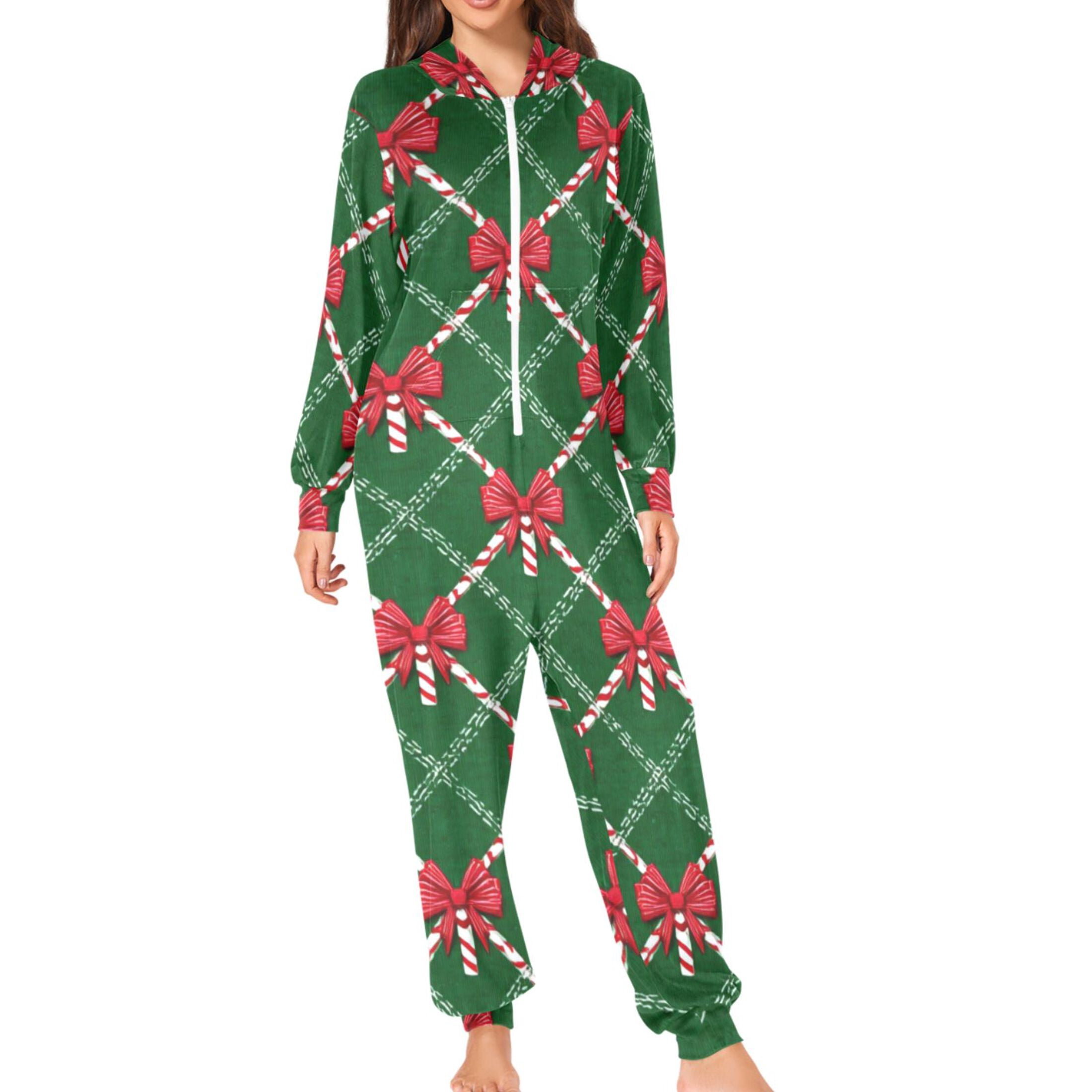 Green Plaids Red Bows Christmas Adult's Hoodie Onesie Jumpsuit One ...