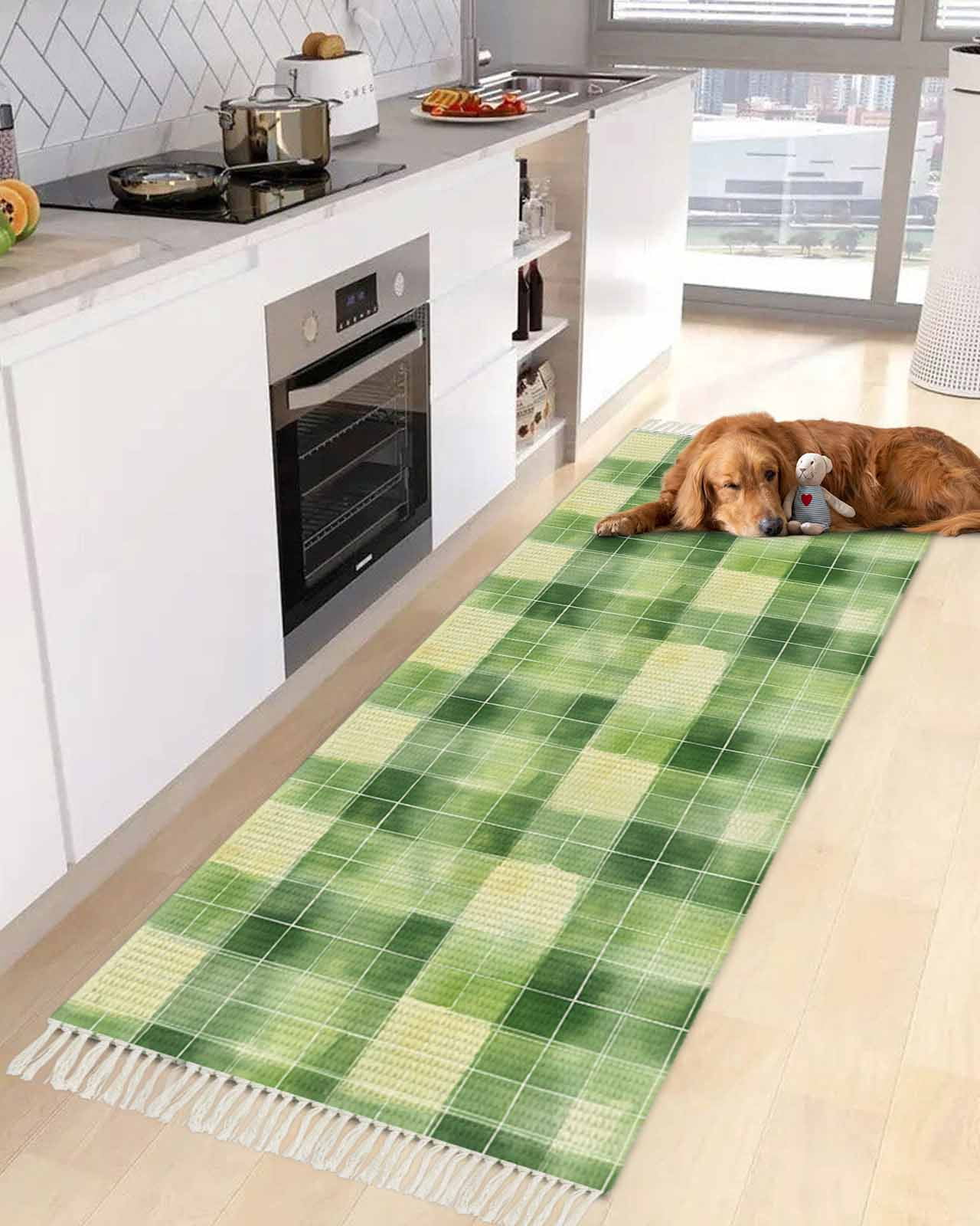 Green Plaids Runner Rug for Hallway 2x5ft, Green Watercolor Grids ...