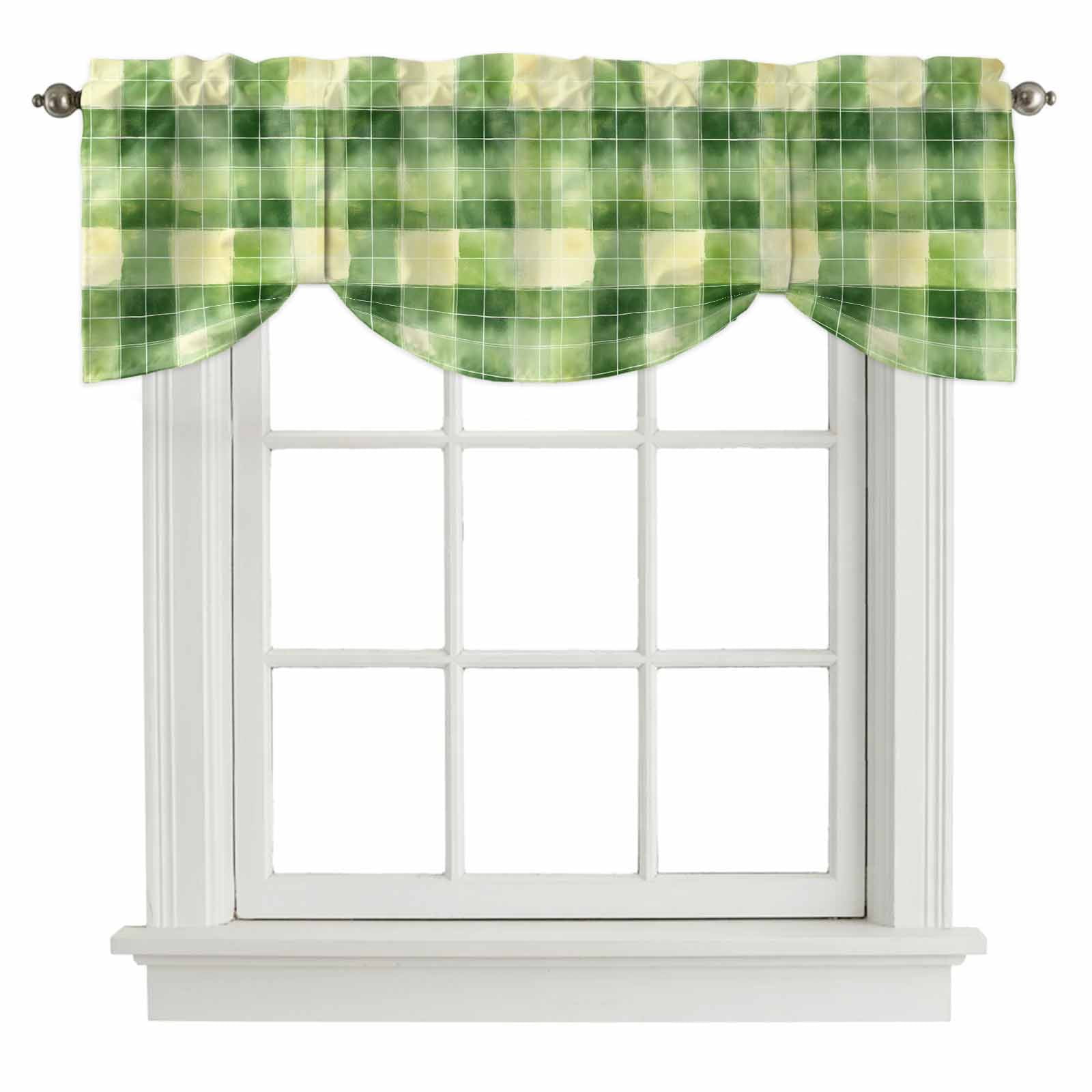 Green Plaids Tie Up Valance for Windows, Green Watercolor Grids ...