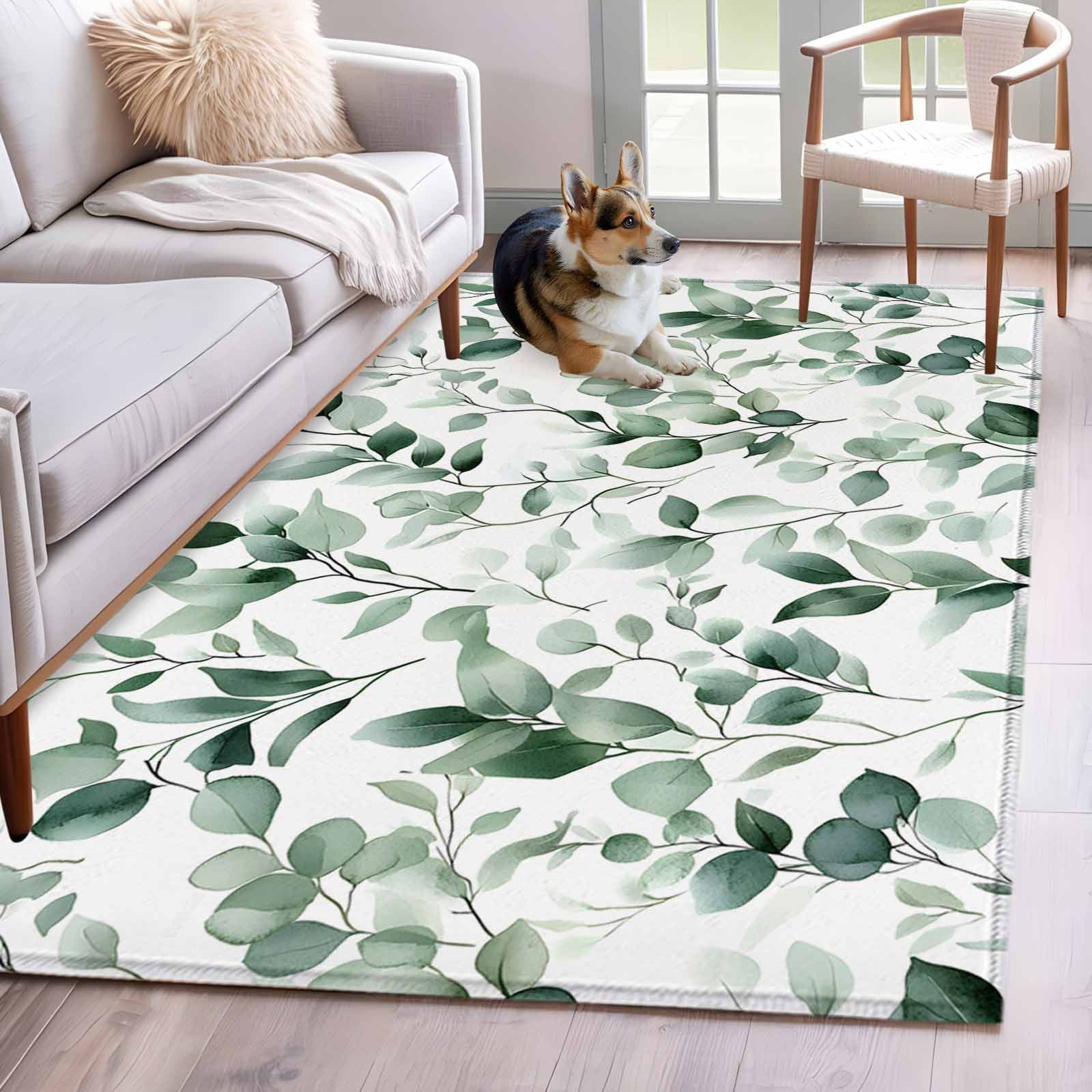 Green Plant Area Rugs 4x6 ft Watercolor Eucalyptus Leaf Farmhouse ...