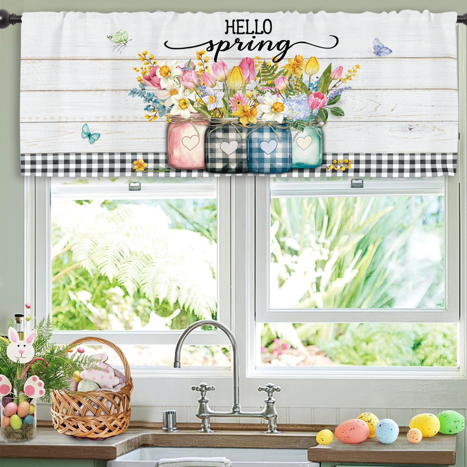 Green Plant Botanical Kitchen Curtain Valance Rod Pocket Nature Potted ...