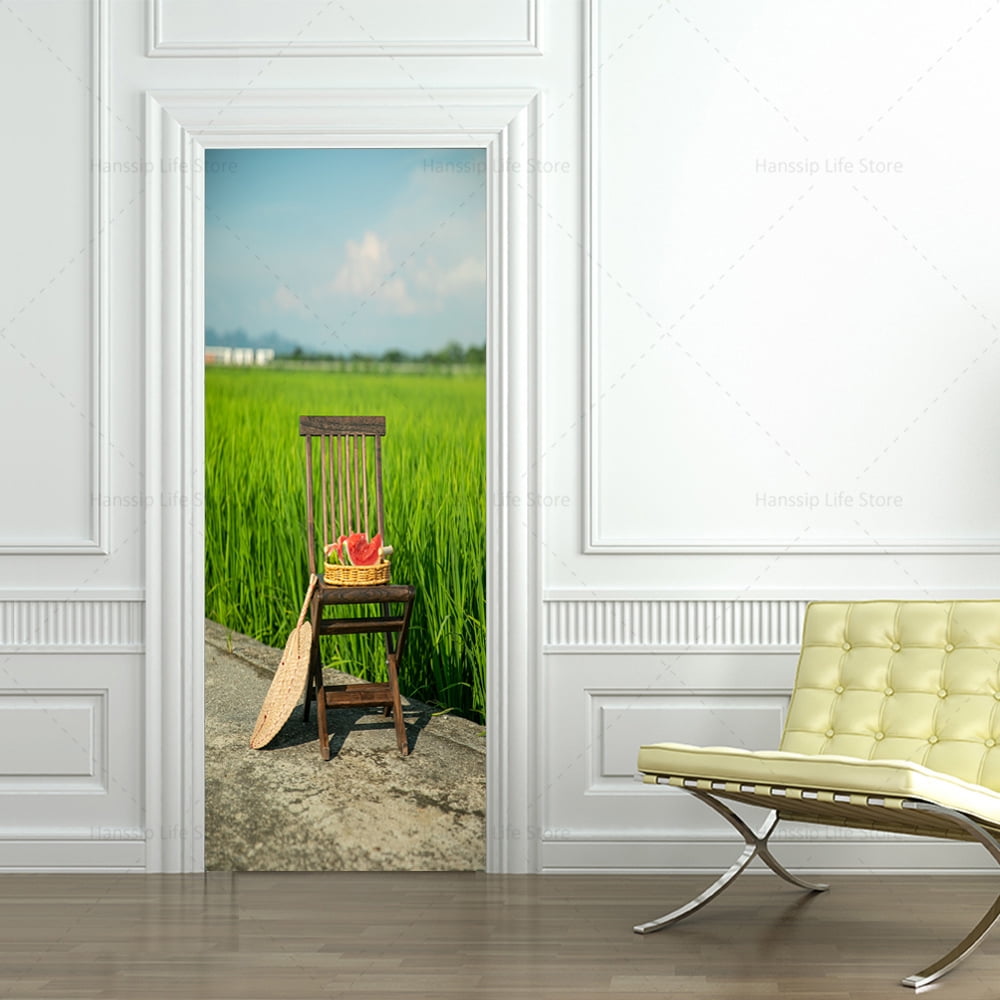 Green Plant Door Sticker Flying Waterfall Wall Sticker Vinyl PVC ...