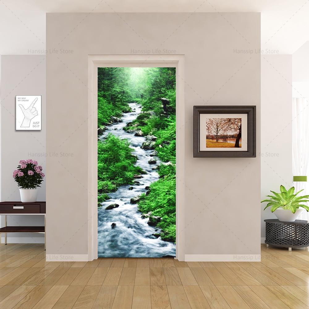 Green Plant Door Sticker Flying Waterfall Wall Sticker Vinyl PVC ...