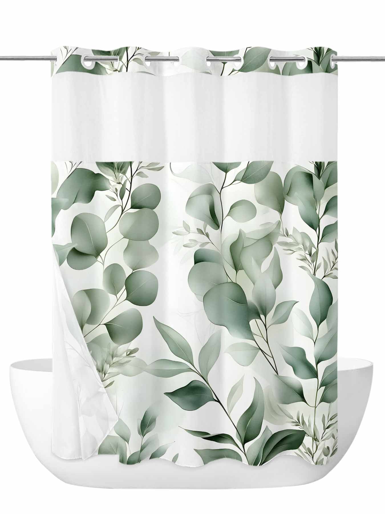 Green Plant No Hook Shower Curtain and Liner Set Watercolor Eucalyptus ...