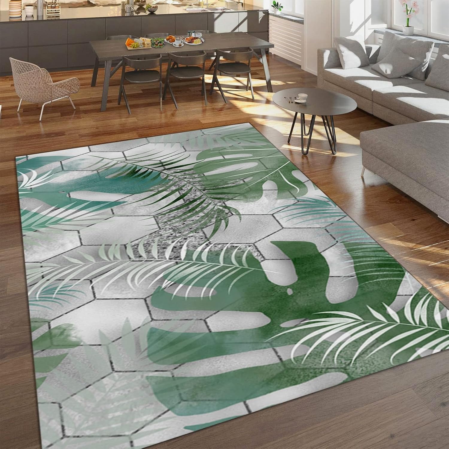 Green Plant Leaf Carpet, Hexagonal Tile Area Rugs, Porch Mat Fine Pile ...