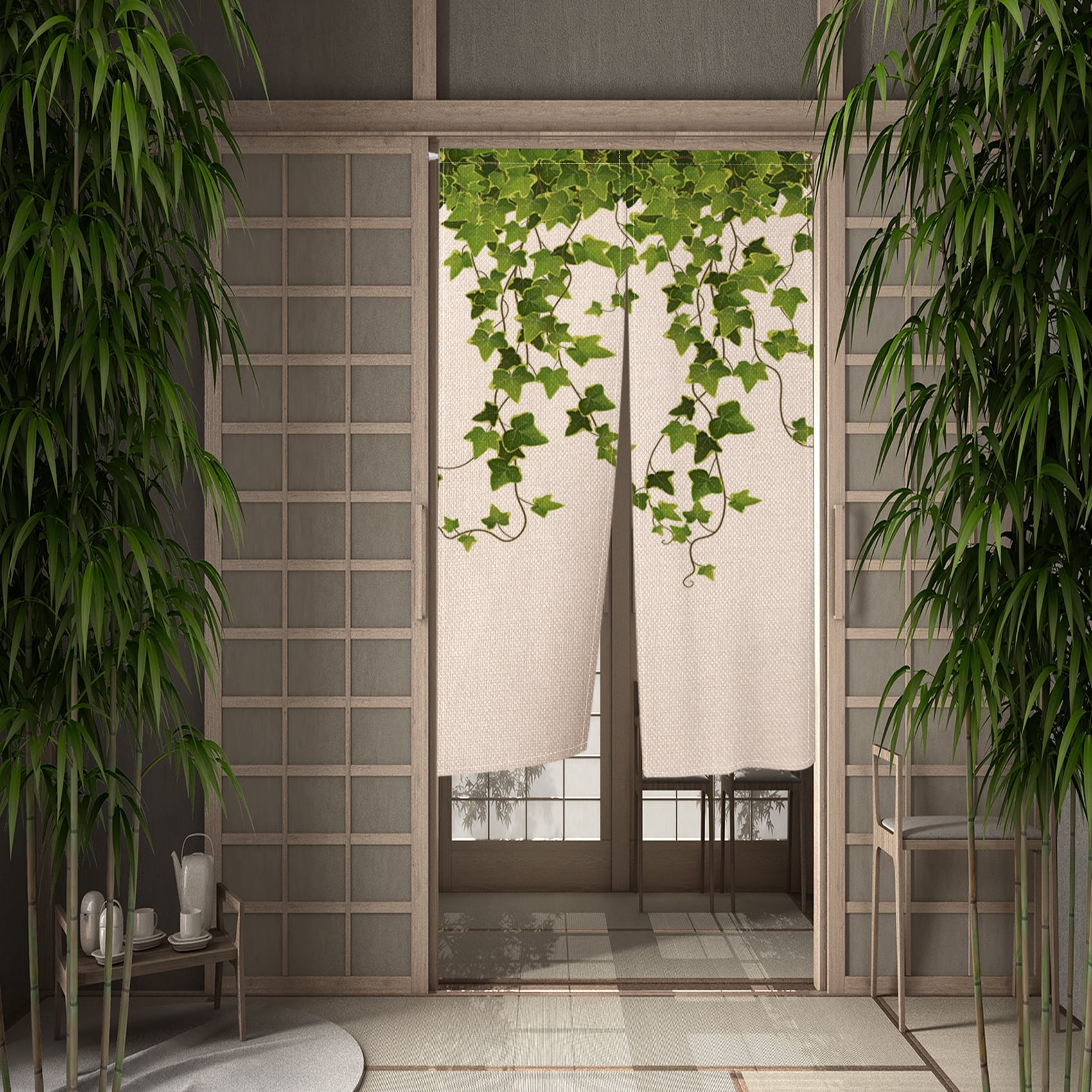 Green Plant Leaf Japanese Door Curtain Tropical Botanical Kitchen ...