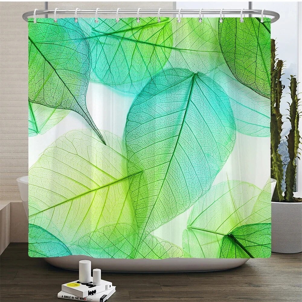 Green Plant Leaves Print Shower Curtains Watercolor Boho Floral