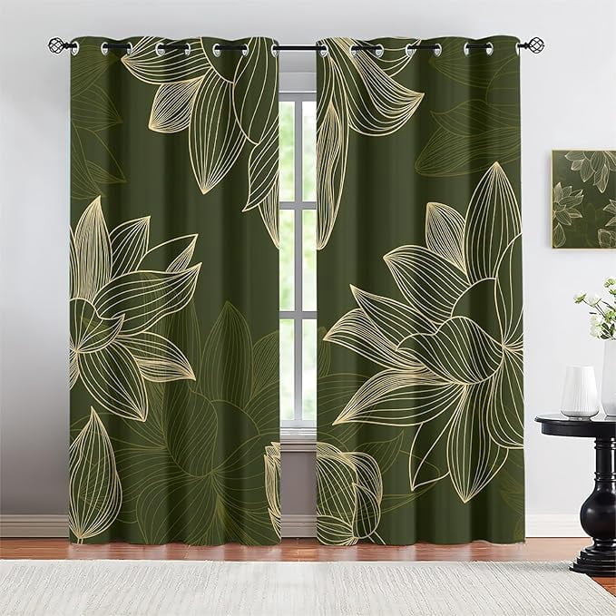 Green Plant Lotus Leaves 2 Panels Window Curtains, Hand Drawn Curved ...