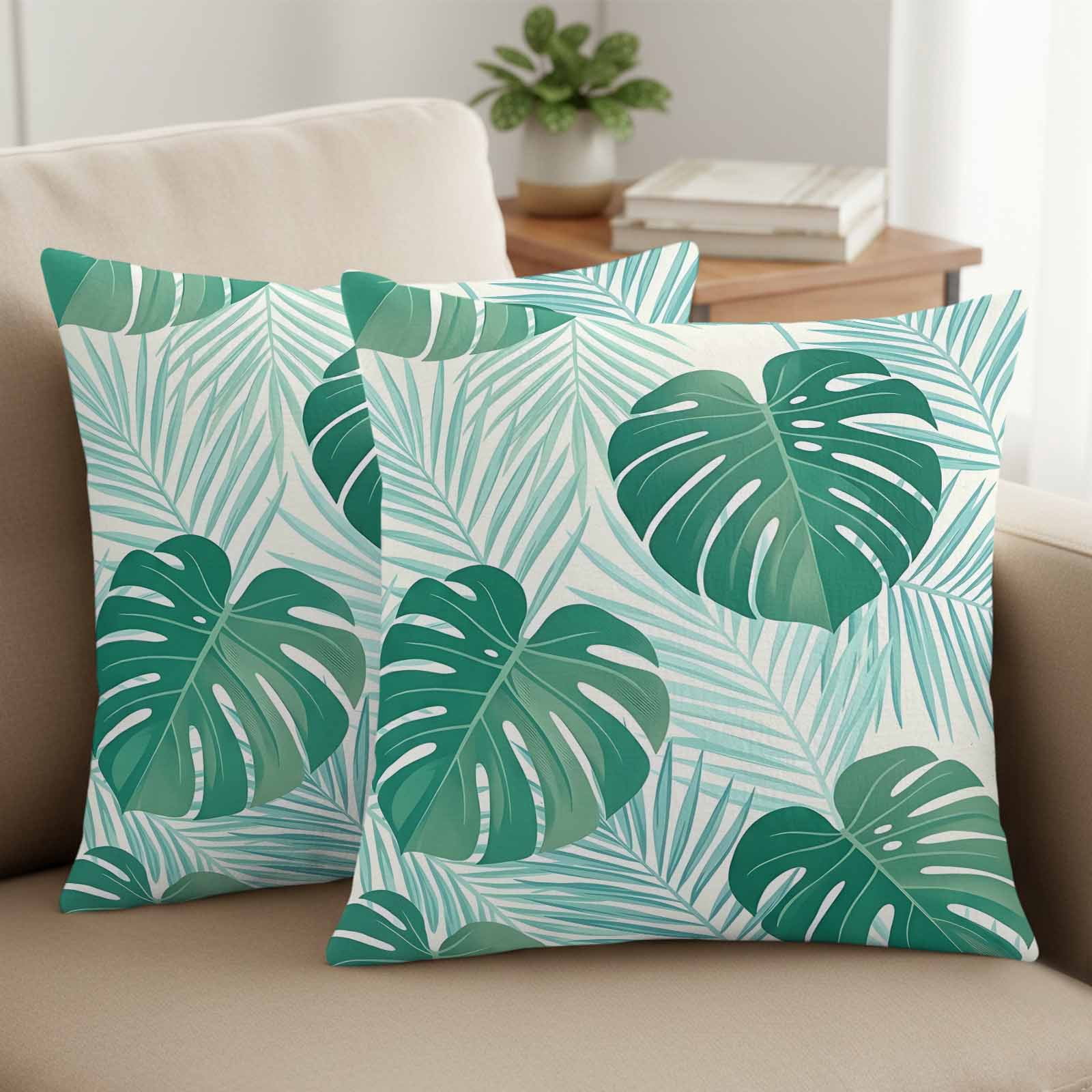Green Plant Pillow Covers Set of 2, Summer Tropical Teal Green Palm ...