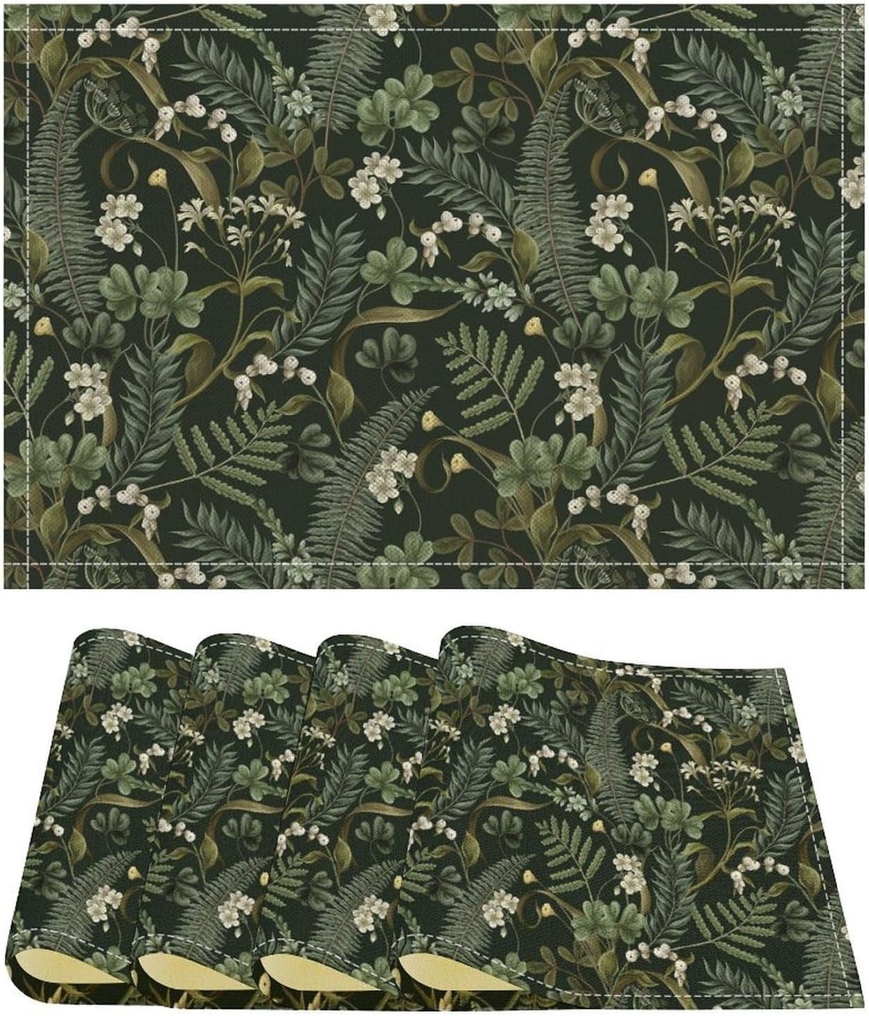 Green Plant Placemats Set of 4,Vintage Rustic Style Leafy Plants and ...