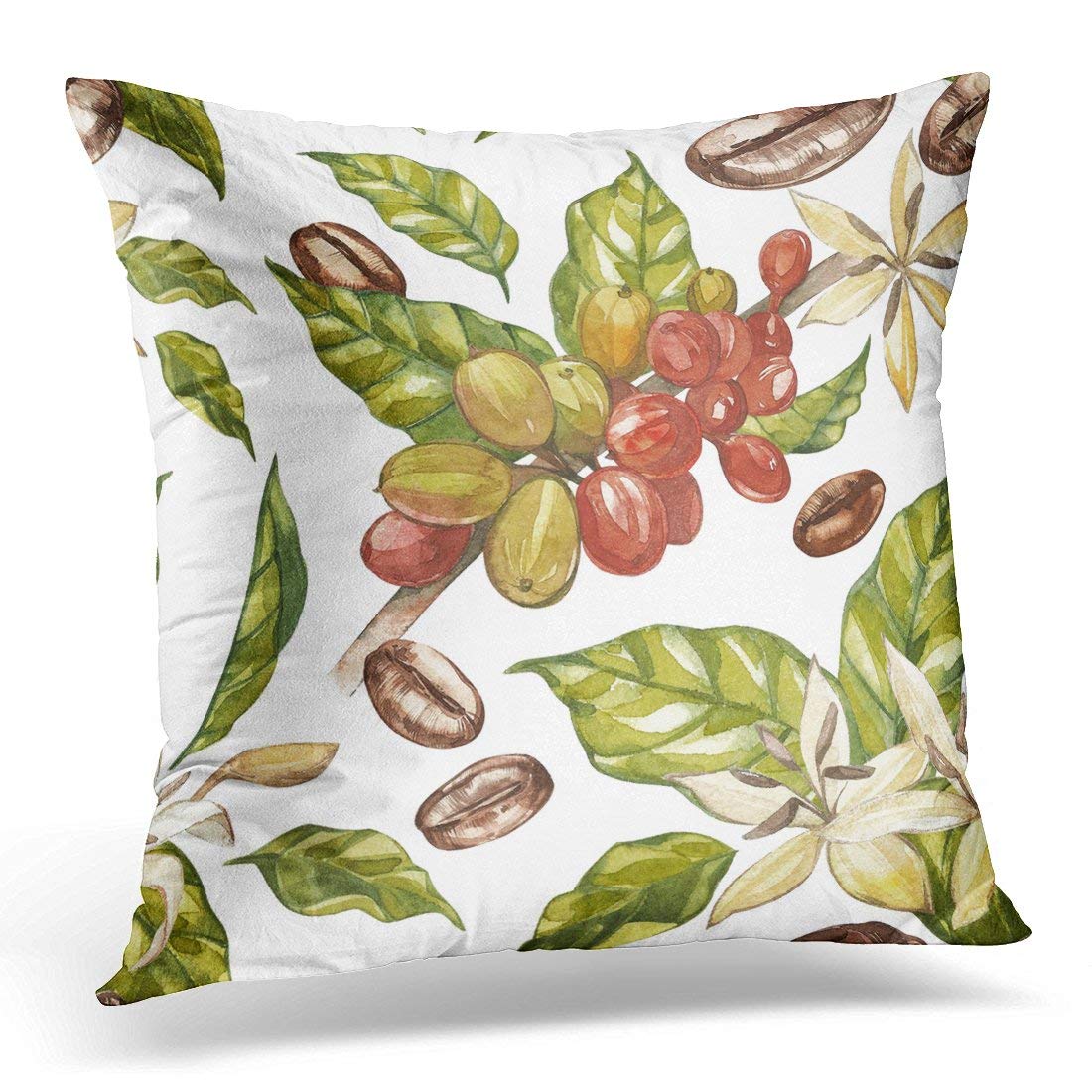 Green Plant Red Coffee Arabica Beans on Branch with Flowers Watercolor ...