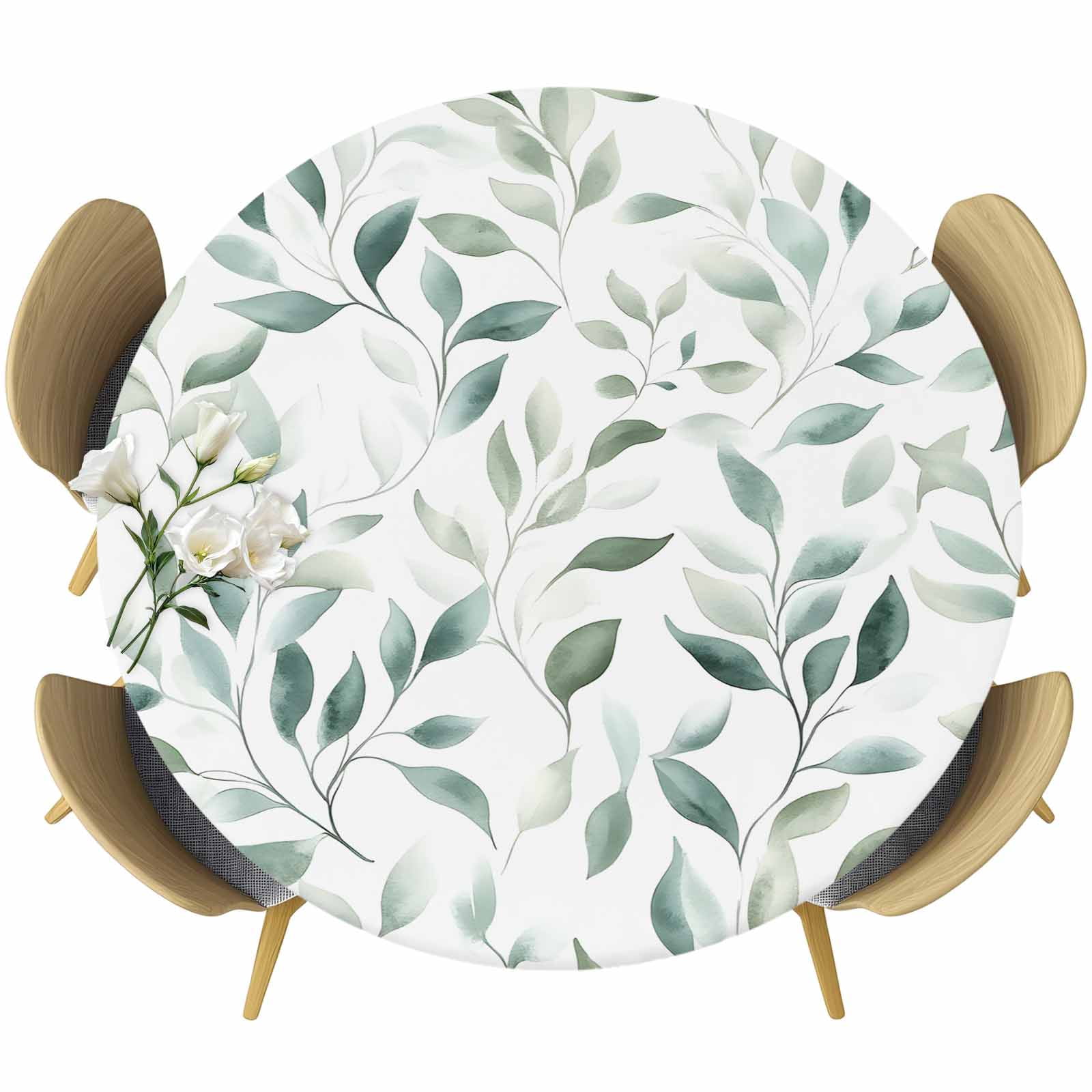 Green Plant Round Fitted Table Cover Eucalyptus Leaf Farm Watercolor ...