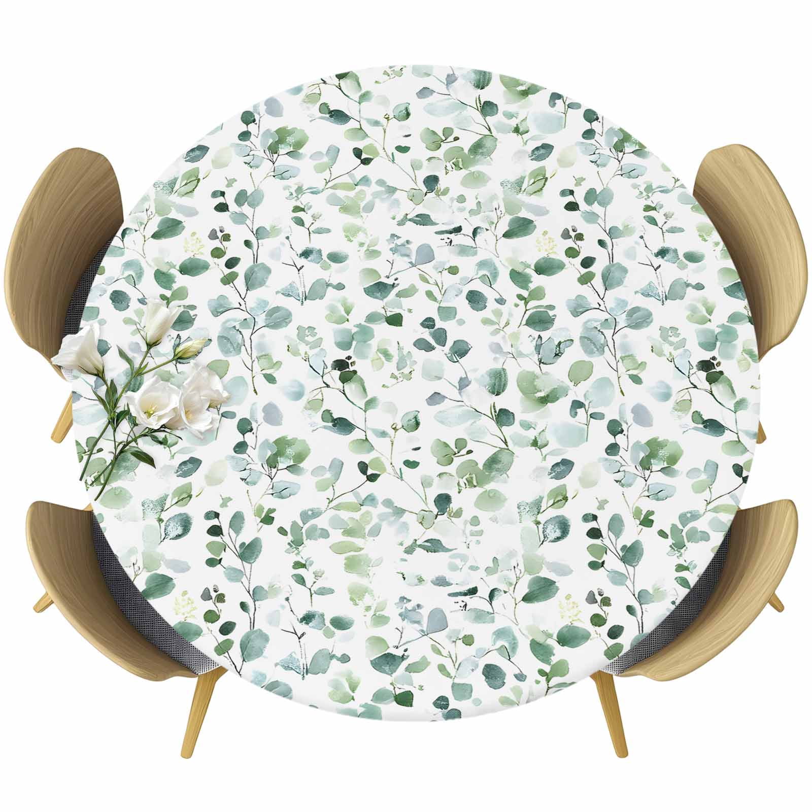 Green Plant Round Fitted Table Cover Eucalyptus Leaf Watercolor Farm ...