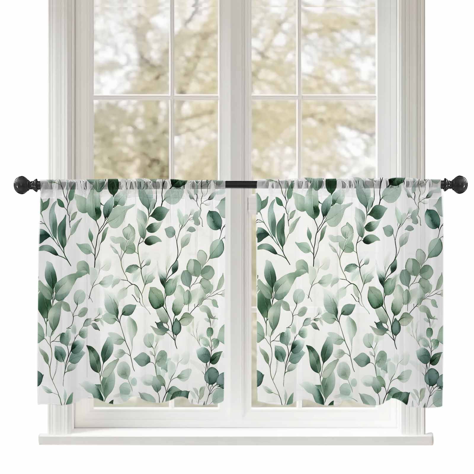 Green Plant Sheer Curtains 45 inches Long 2 Panels Set Watercolor ...