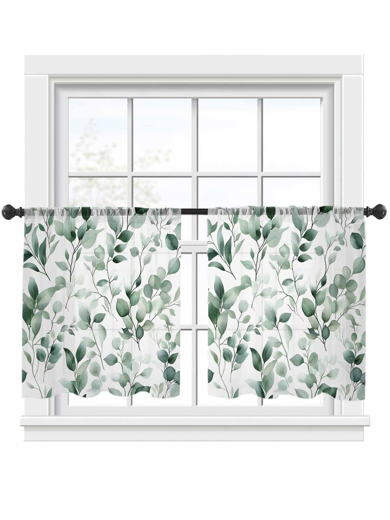 Green Plant Sheer Curtains 54 Inch Long 2 Panels, Watercolor Eucalyptus ...