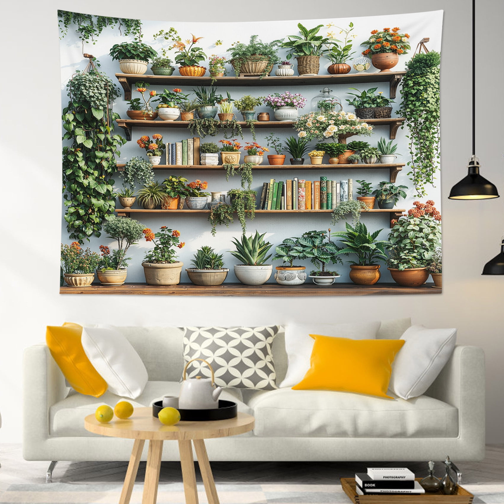 Green Plant Tapestry Wall Hanging Potted Plant Flower and Book on Wood ...
