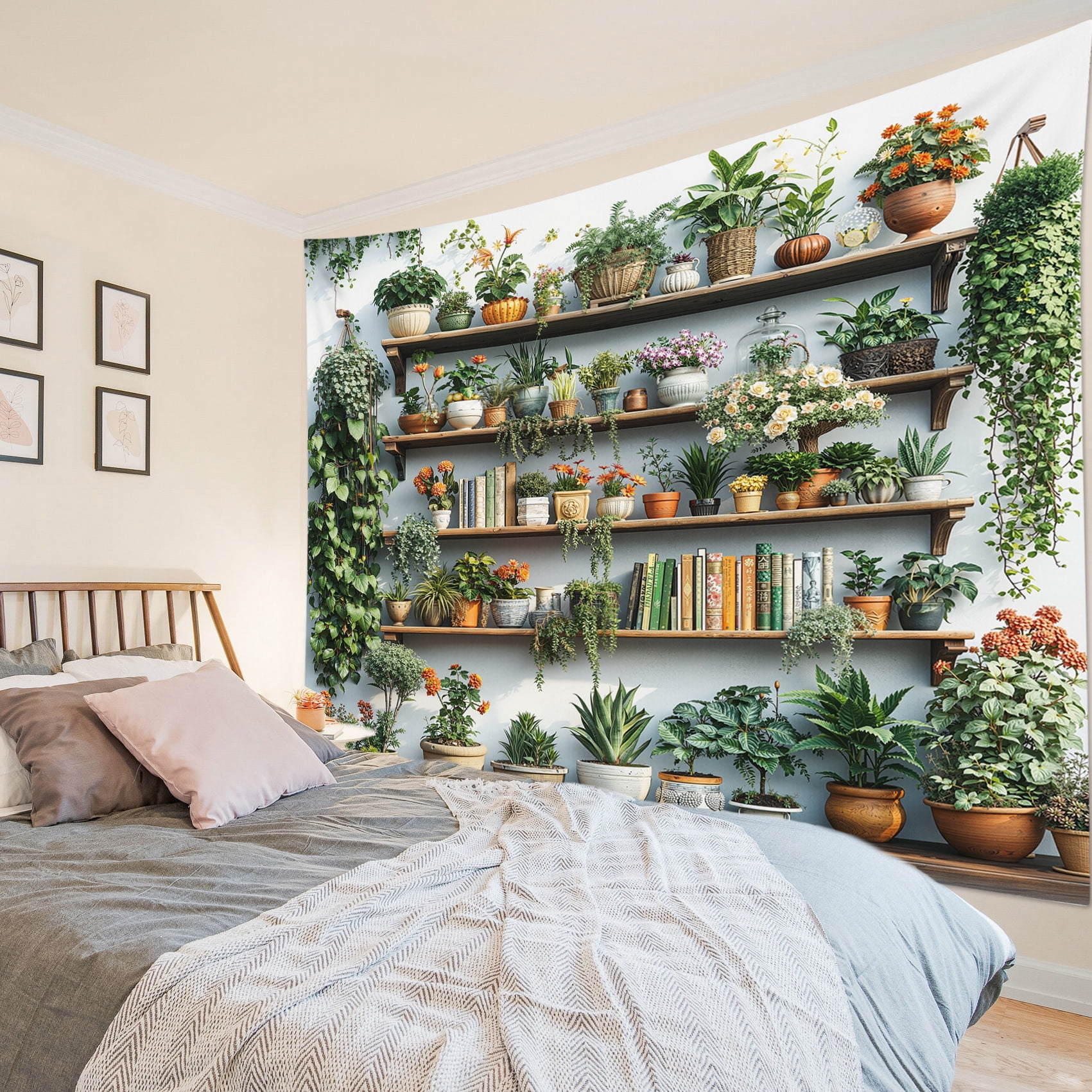 Green Plant Tapestry Wall Hanging Potted Plant Flower and Book on Wood ...
