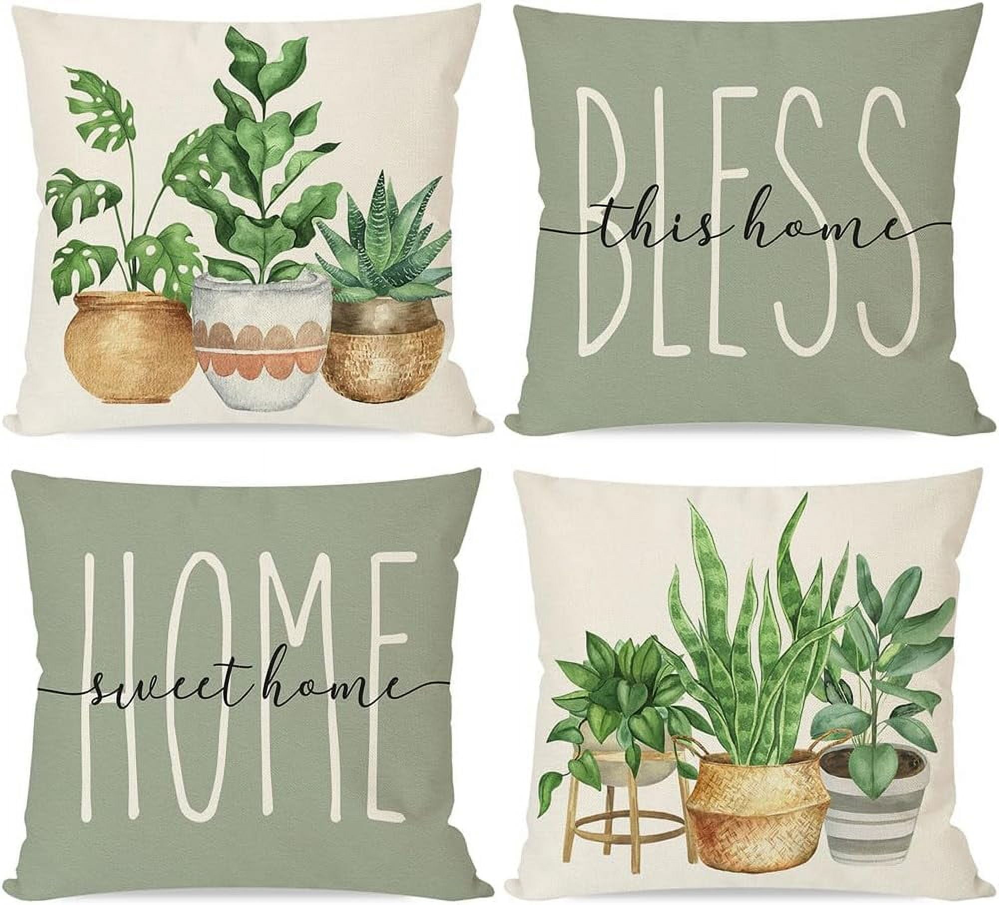 Green Plant Throw Pillow Covers 18x18 Inch Boho Botanical Bless This ...