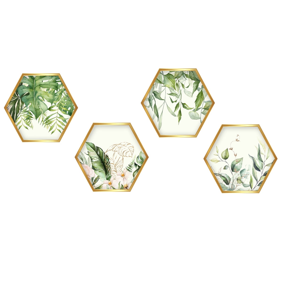 Green Plants Wall Stickers Hexagon Decals 4 Pcs Set Art Painting Mural ...