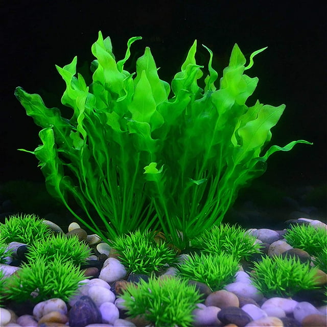 Green Plastic Aquarium Tank Grass Decoration 9.5" Tall Broad Leaf ...