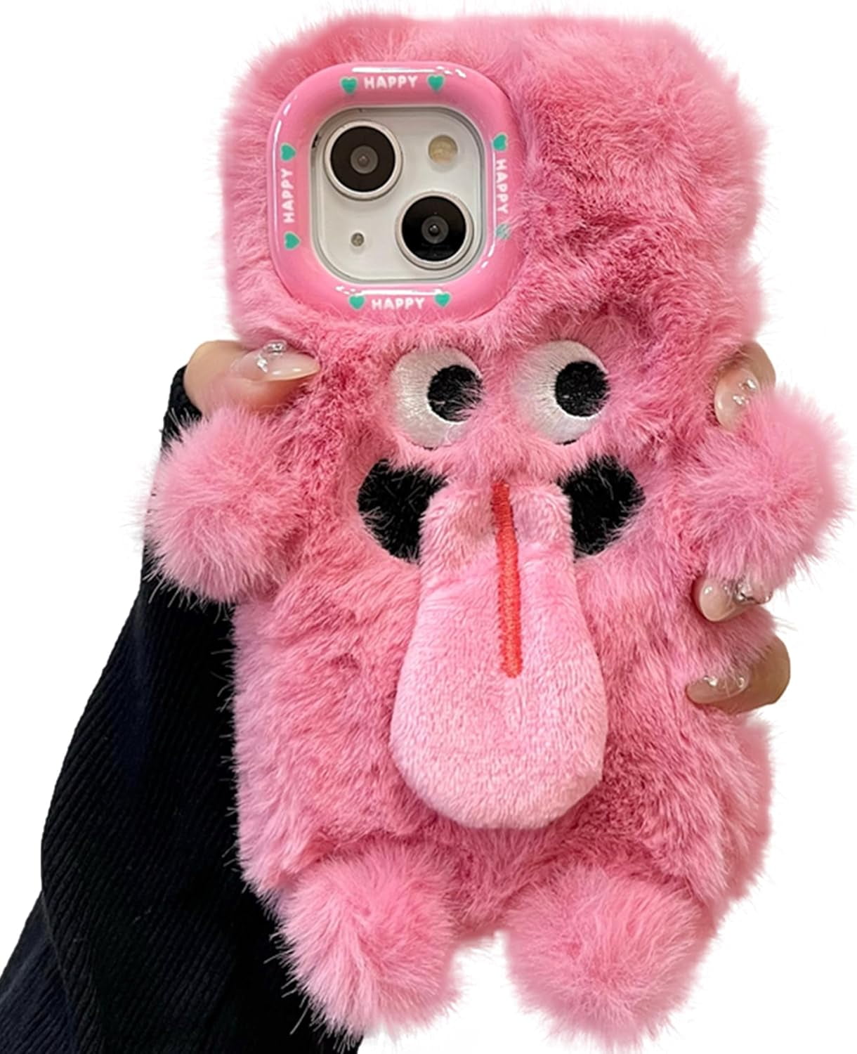 Pink Plush Phone Case for iPhone 15 Pro, Cute Funny Tongue Warm Furry ...