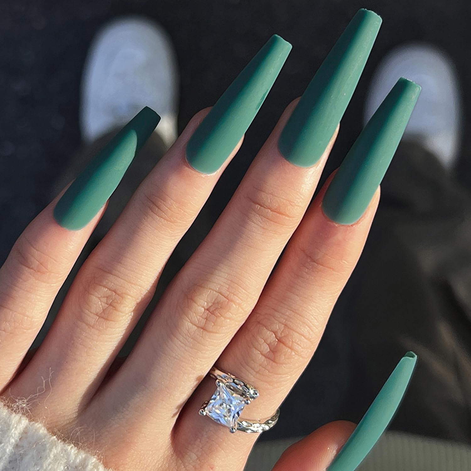 Green Press on Nails Coffin Extra Long Fake Nails Solid Color False ...
