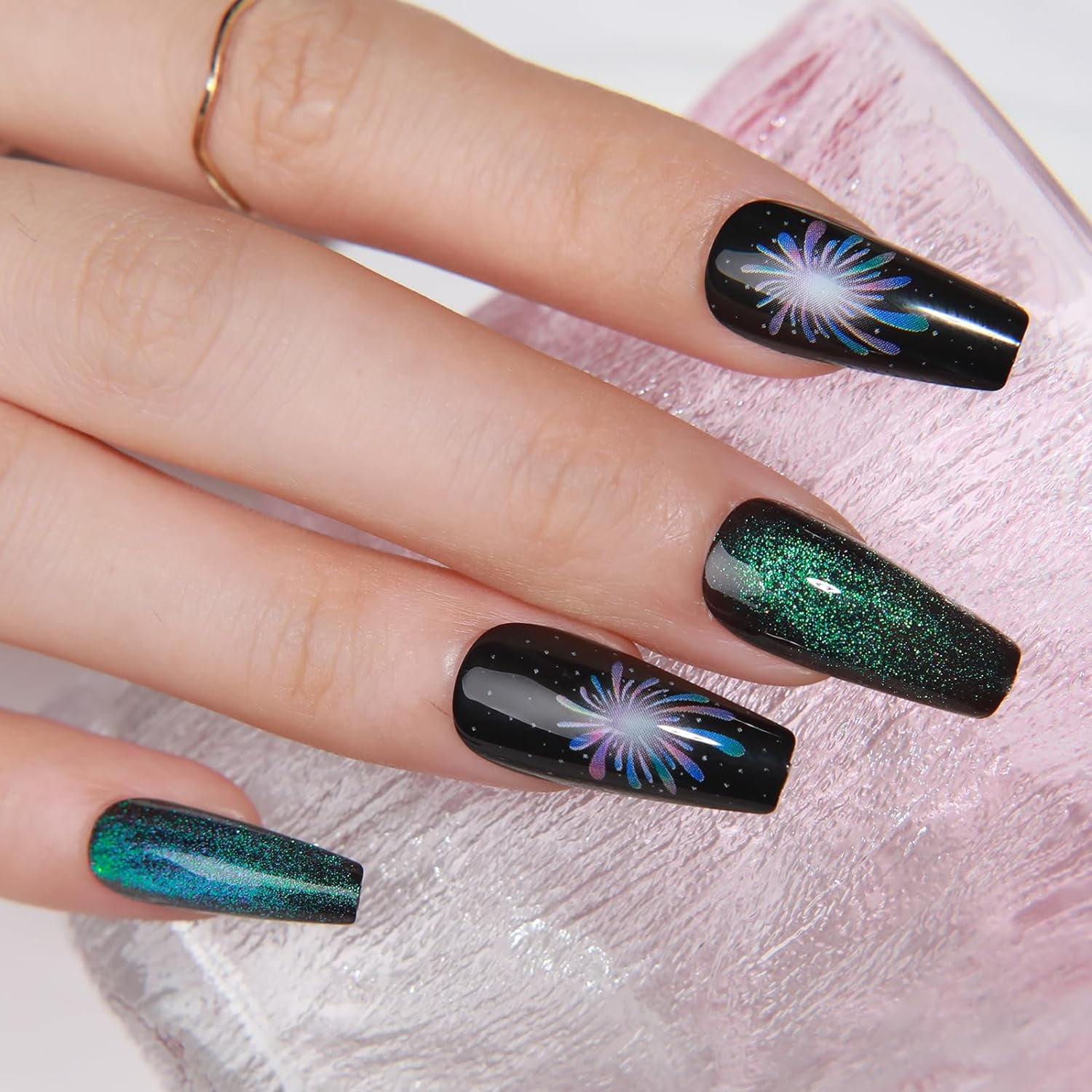 Green Press on Nails Long Coffin Fake Nails Cat Eye False Nails with ...