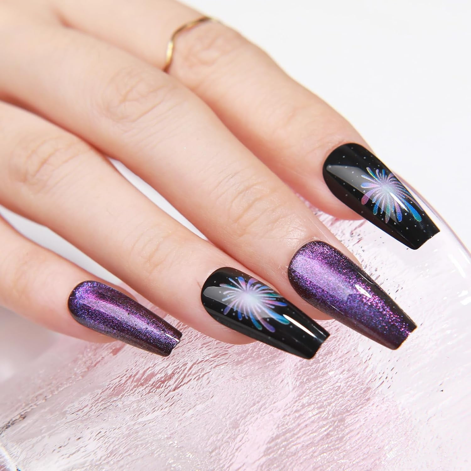 Green Press on Nails Long Coffin Fake Nails Cat Eye False Nails with ...