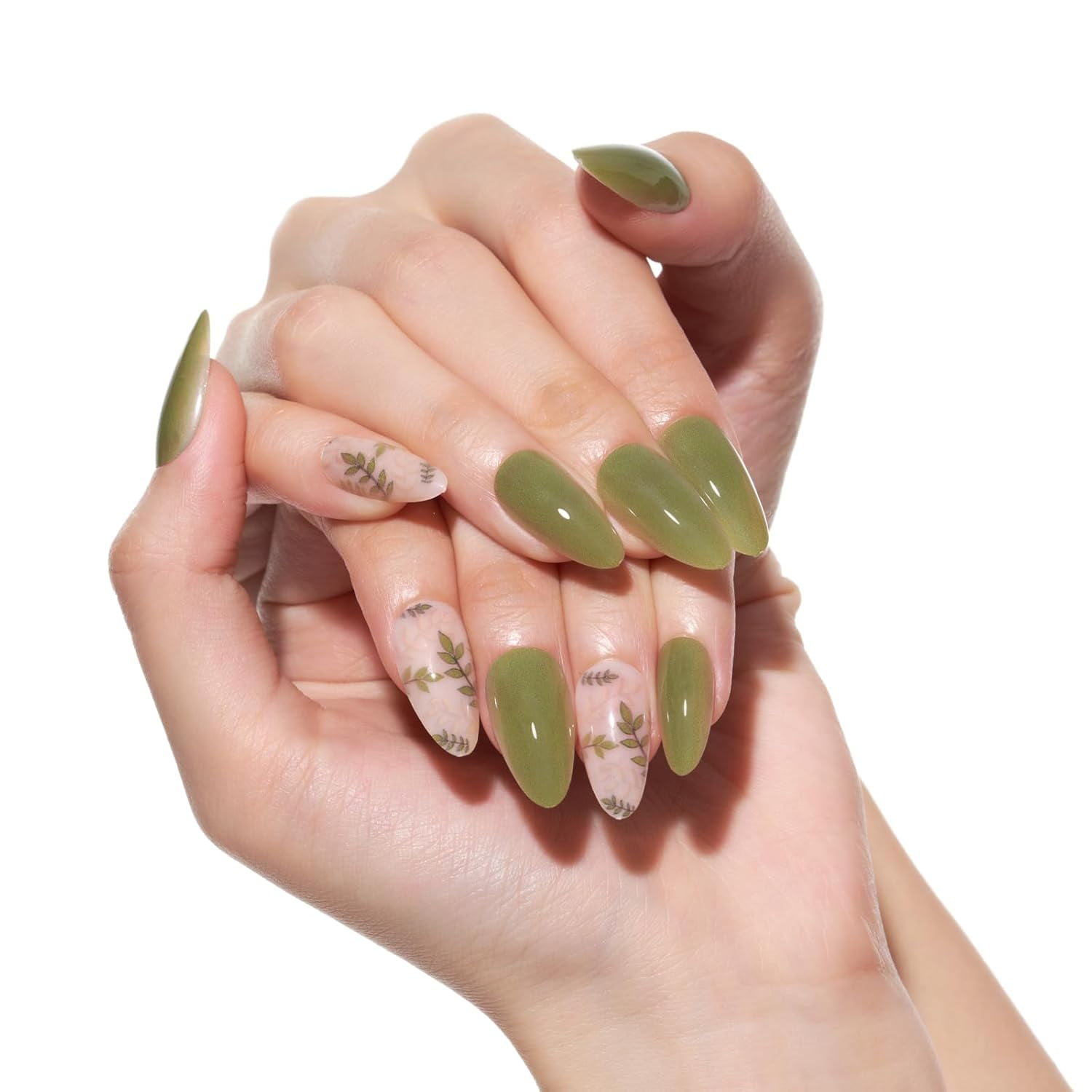 Green Press on Nails Medium Almond, Ferns Leaves Jelly Gel Fake Nail ...