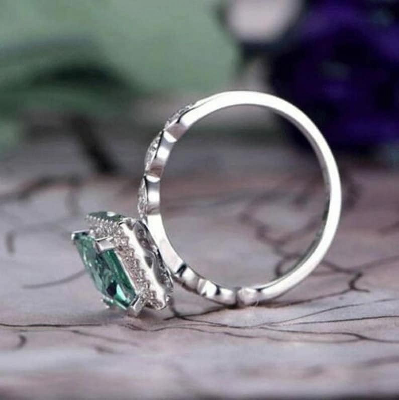 Green Princess Cut CZ Stone Wedding Ring, Halo Engagement Ring ...