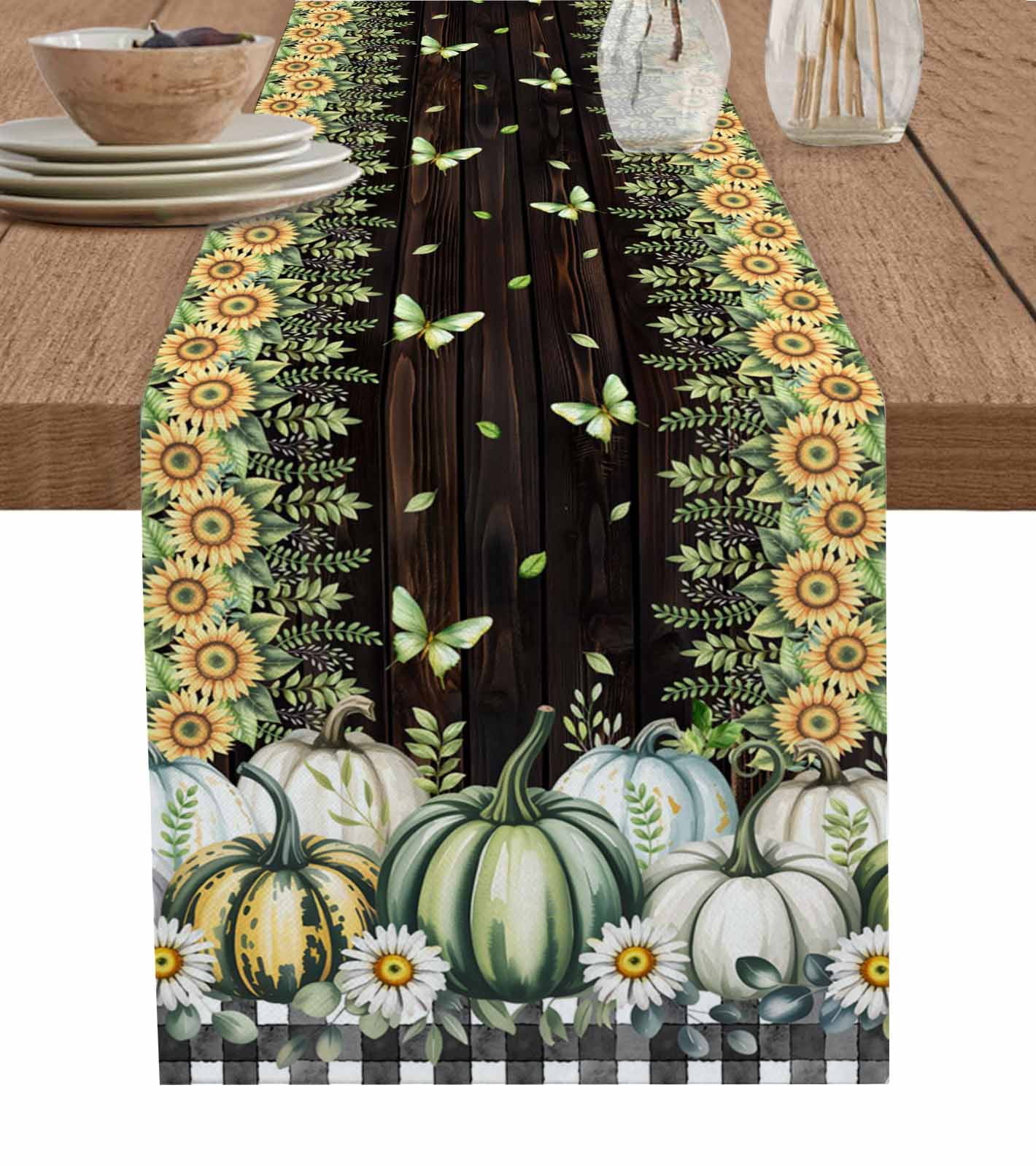 Green Pumpkin Fall Table Runner 72 Inches, Thanksgiving Sunflower Daisy ...
