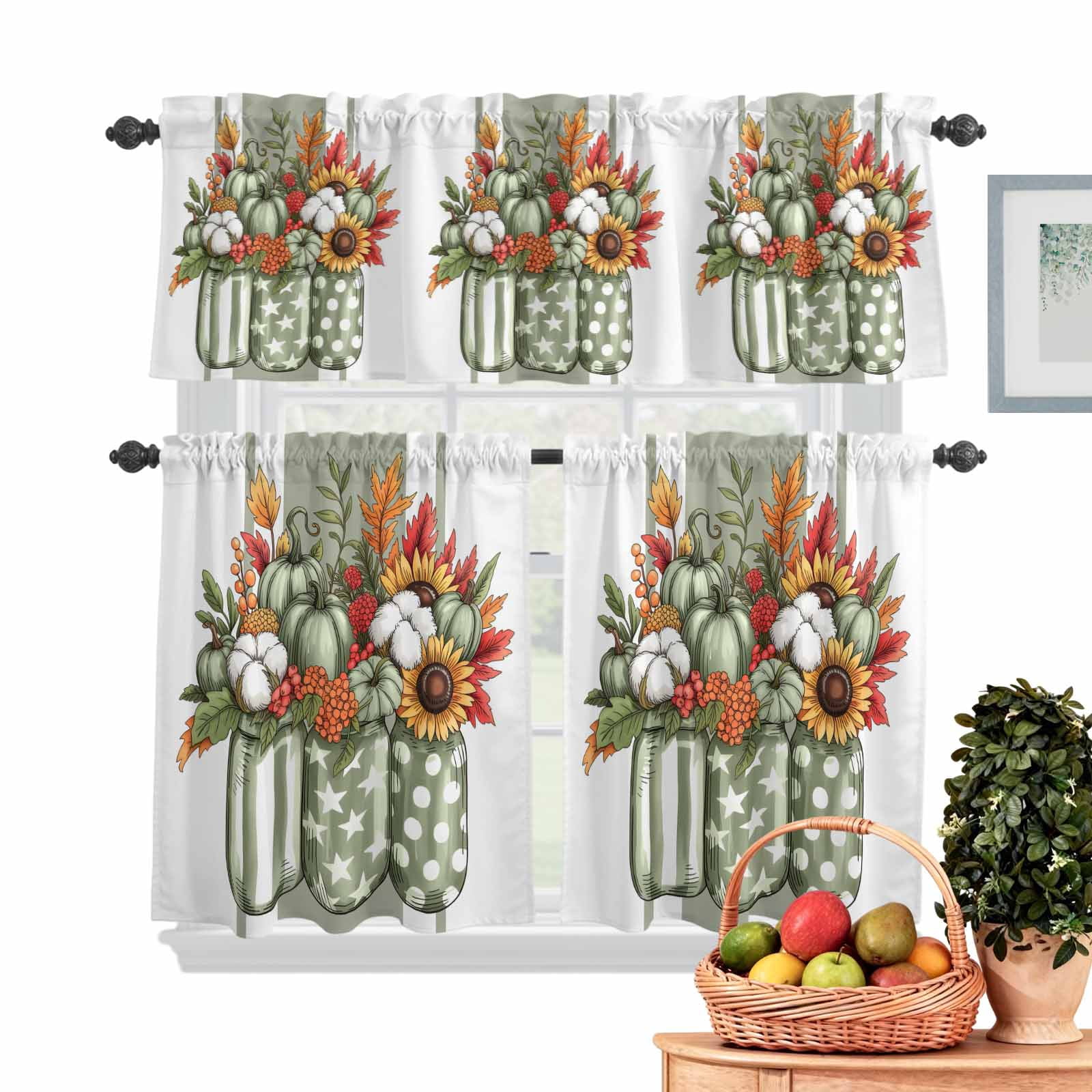 Green Pumpkin Kitchen Curtains Valances 3 Piece Set, Sunflower Leaves ...