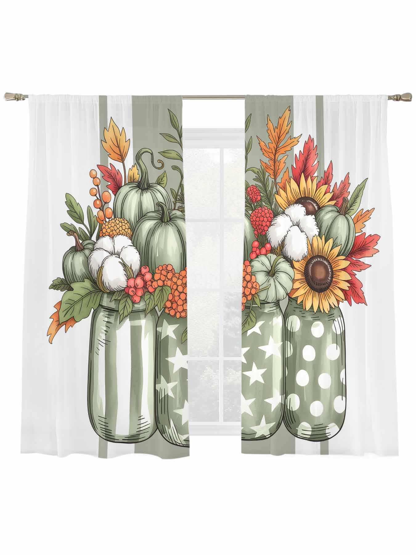Green Pumpkin Sheer Curtains 2 Panels Set Sunflower Leaves Bottle ...