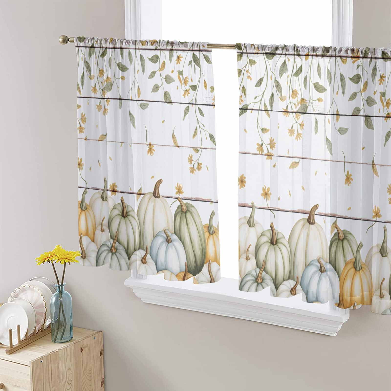 Green Pumpkin Sheer Curtains 54 Inches Length 2 Panels Set, Window ...