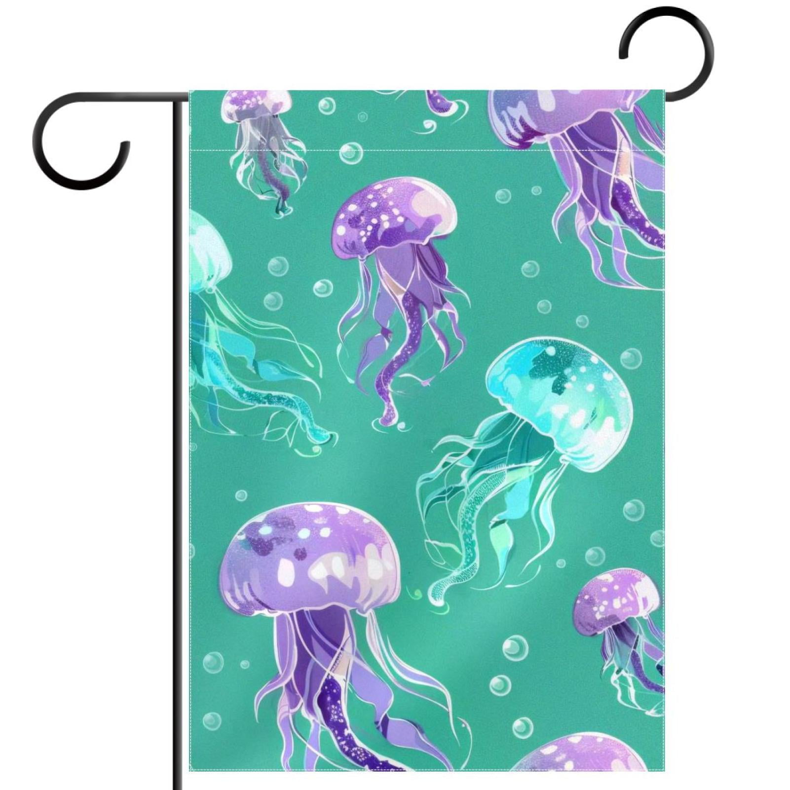 Green and Purple Jellyfish Turquoise Background Garden Flag Double Sided House Flag for Outdoor ...