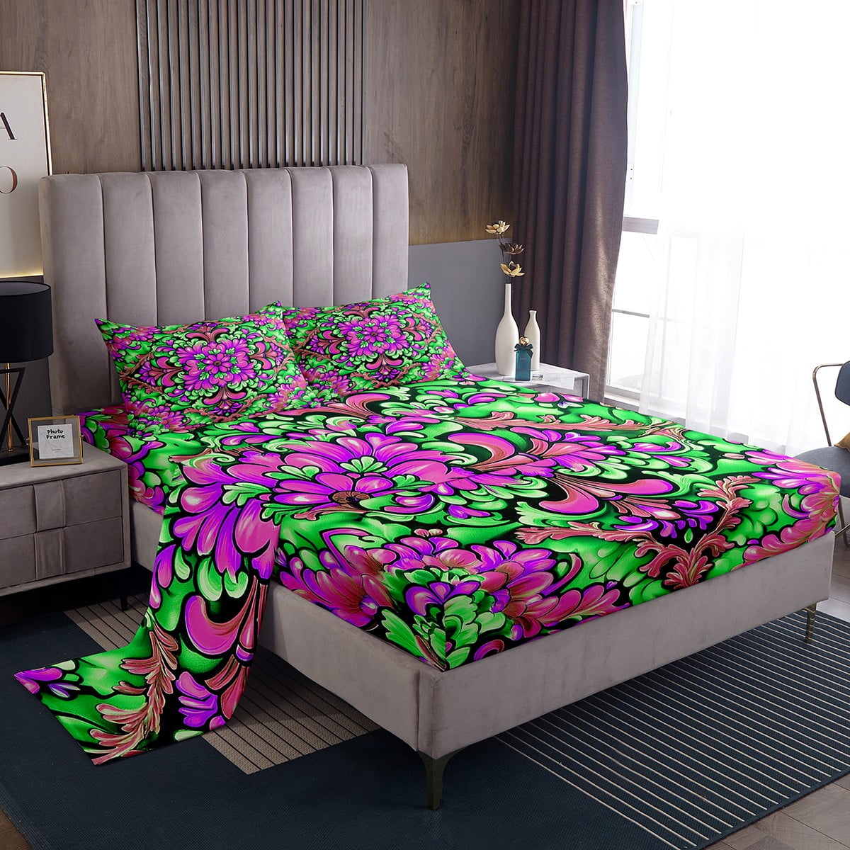Green Purple Mexican Otomi Bed Sheets Full Size,Retro Flower Floral ...