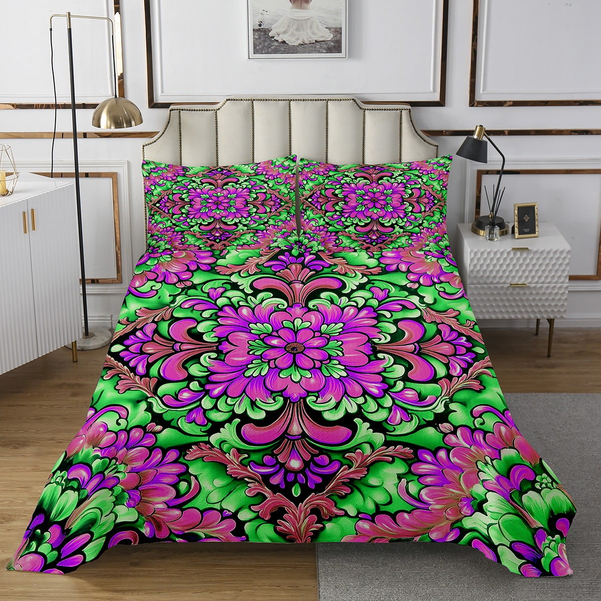 Green Purple Mexican Otomi Bedspread Set King,Retro Flower Floral ...