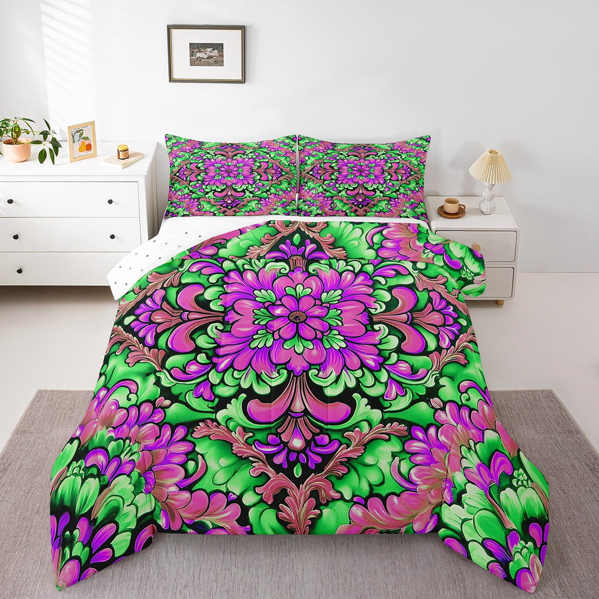 Green Purple Mexican Otomi Comforter Set Full Size,Retro Flower Floral ...