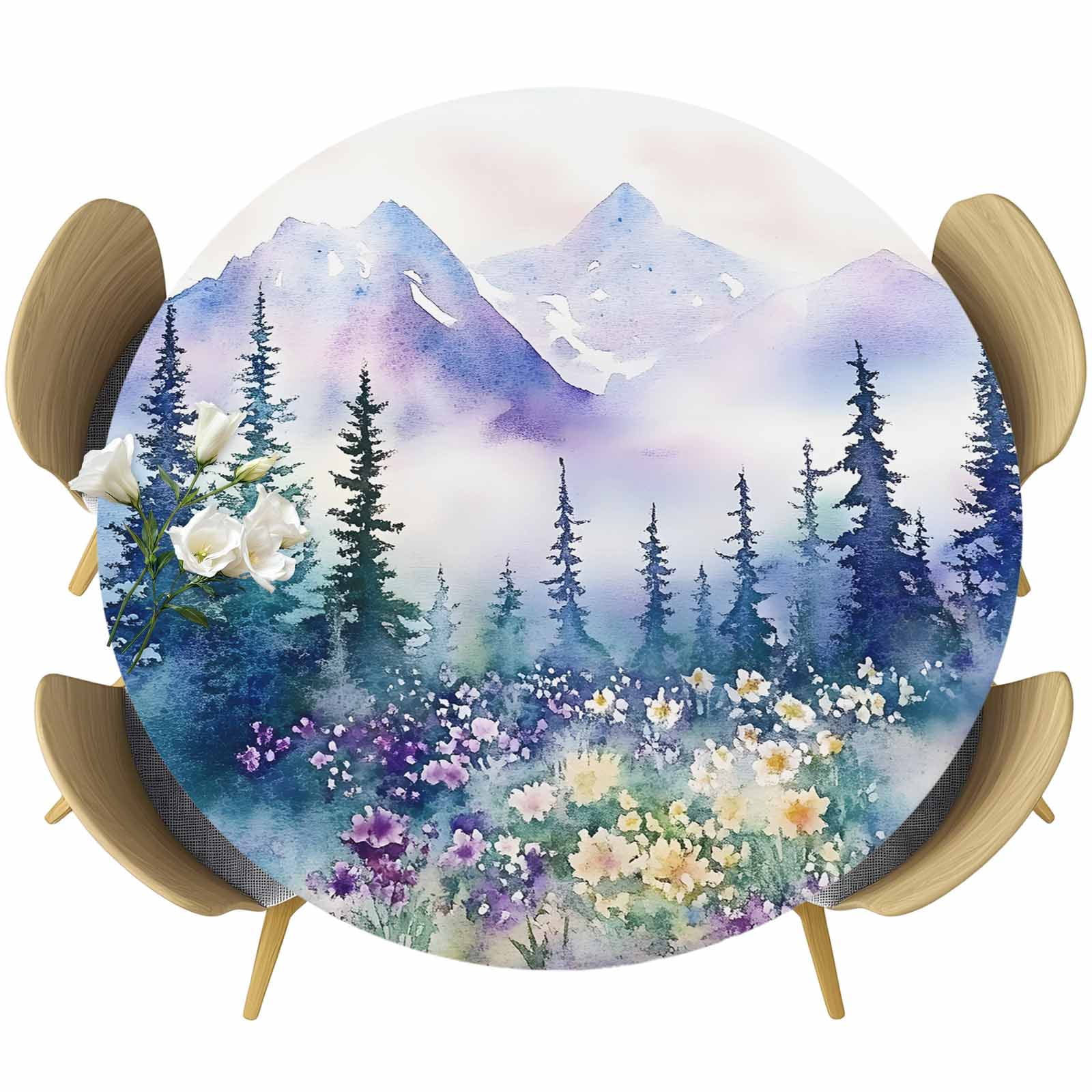 Green Purple Mountains Round Tablecloth 45-54 Inch Round Fitted Table ...